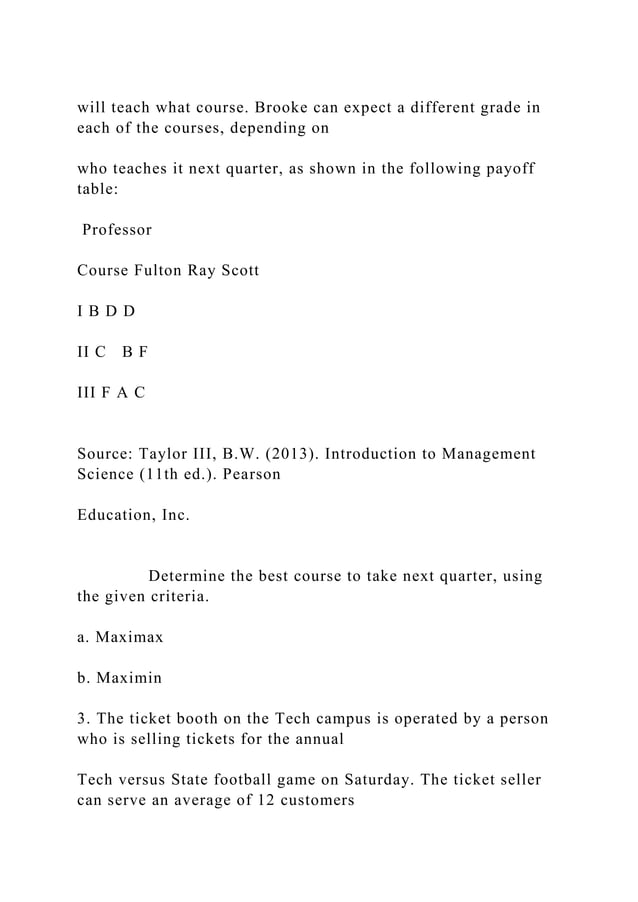 BU3315 Module 5 Decision Analysis and Queuing Models Exer.docx | Human Resources | Business
