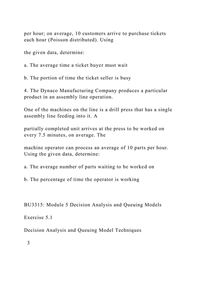 BU3315 Module 5 Decision Analysis and Queuing Models Exer.docx | Human Resources | Business