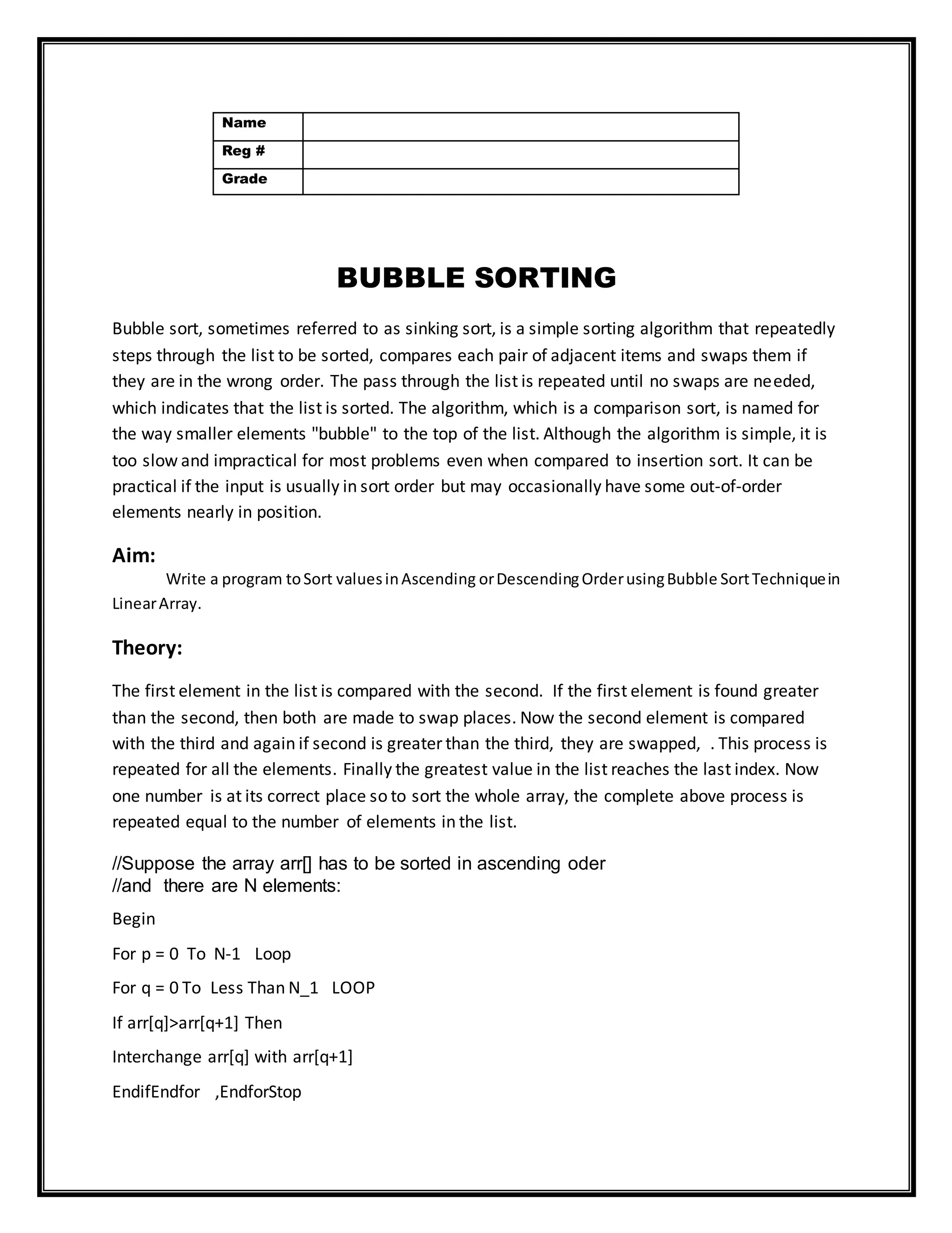 Bubble sorting lab manual | DOCX