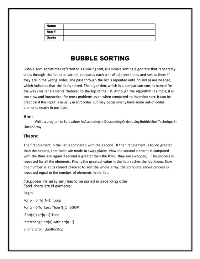 Bubble sorting lab manual | DOCX
