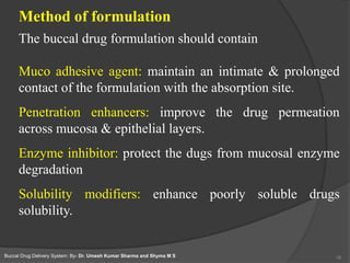 Buccal drug delivery system, by dr. umesh kumar sharma and shyma m s | PPTX