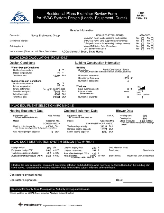 ACCA Manual J, S & D project summary right-sized residence | PDF
