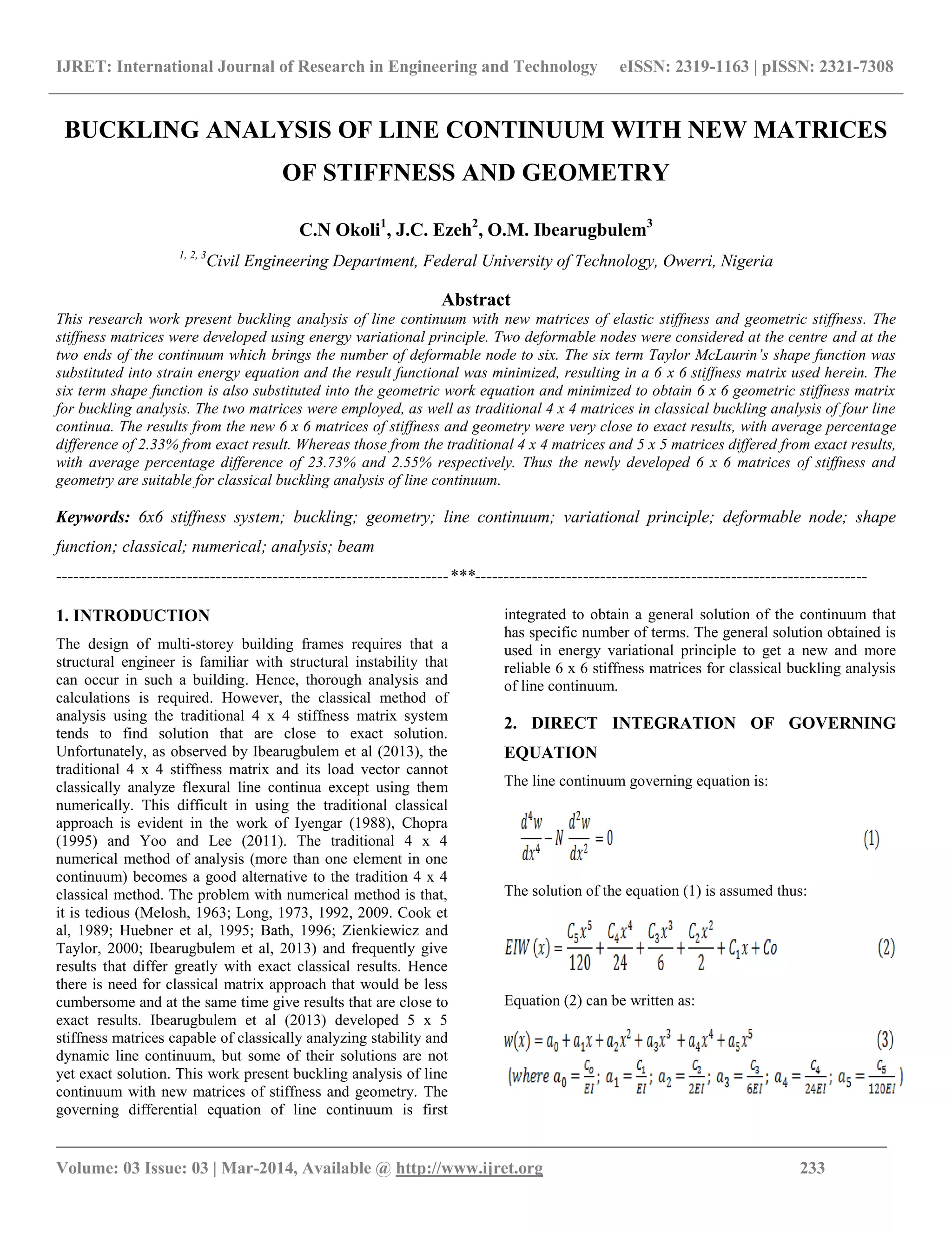Buckling analysis of line continuum with new matrices of stiffness and ...