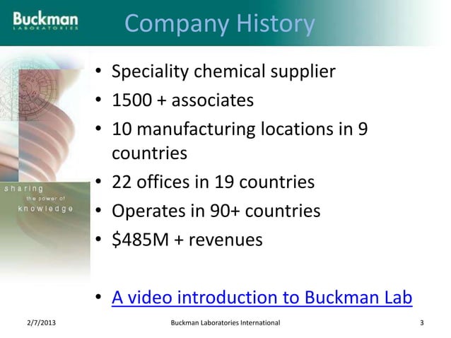 Buckman lab (knowledge sharing) | PPTX | Business | Business and Finance