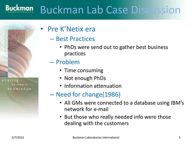 Buckman lab (knowledge sharing) | PPTX | Business | Business and Finance
