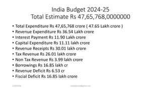 India Budget 2024 25. Highlights of budgeted expediture | PDF