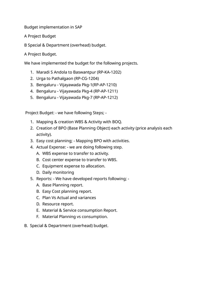 Budget implementation Note in the Sap HANA | PDF