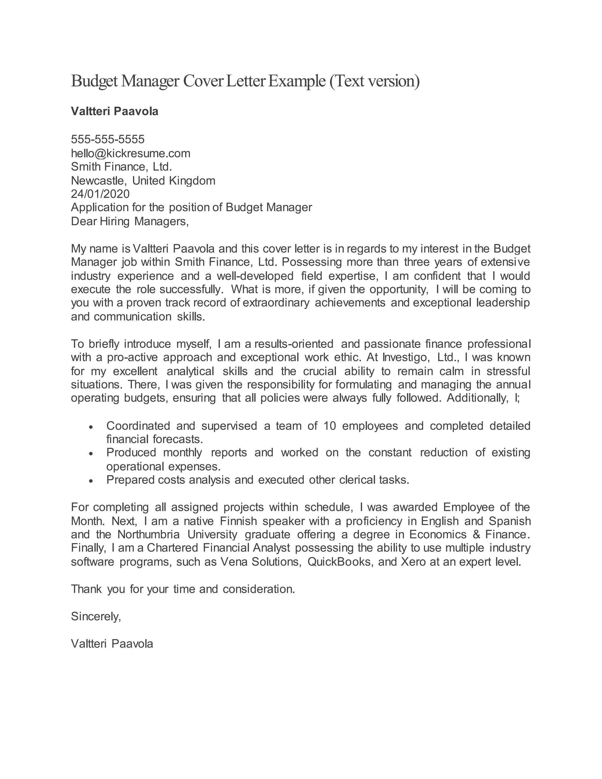 Budget manager cover letter example | DOCX