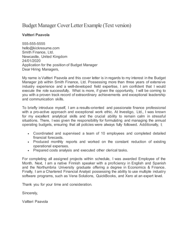 Budget manager cover letter example | PDF