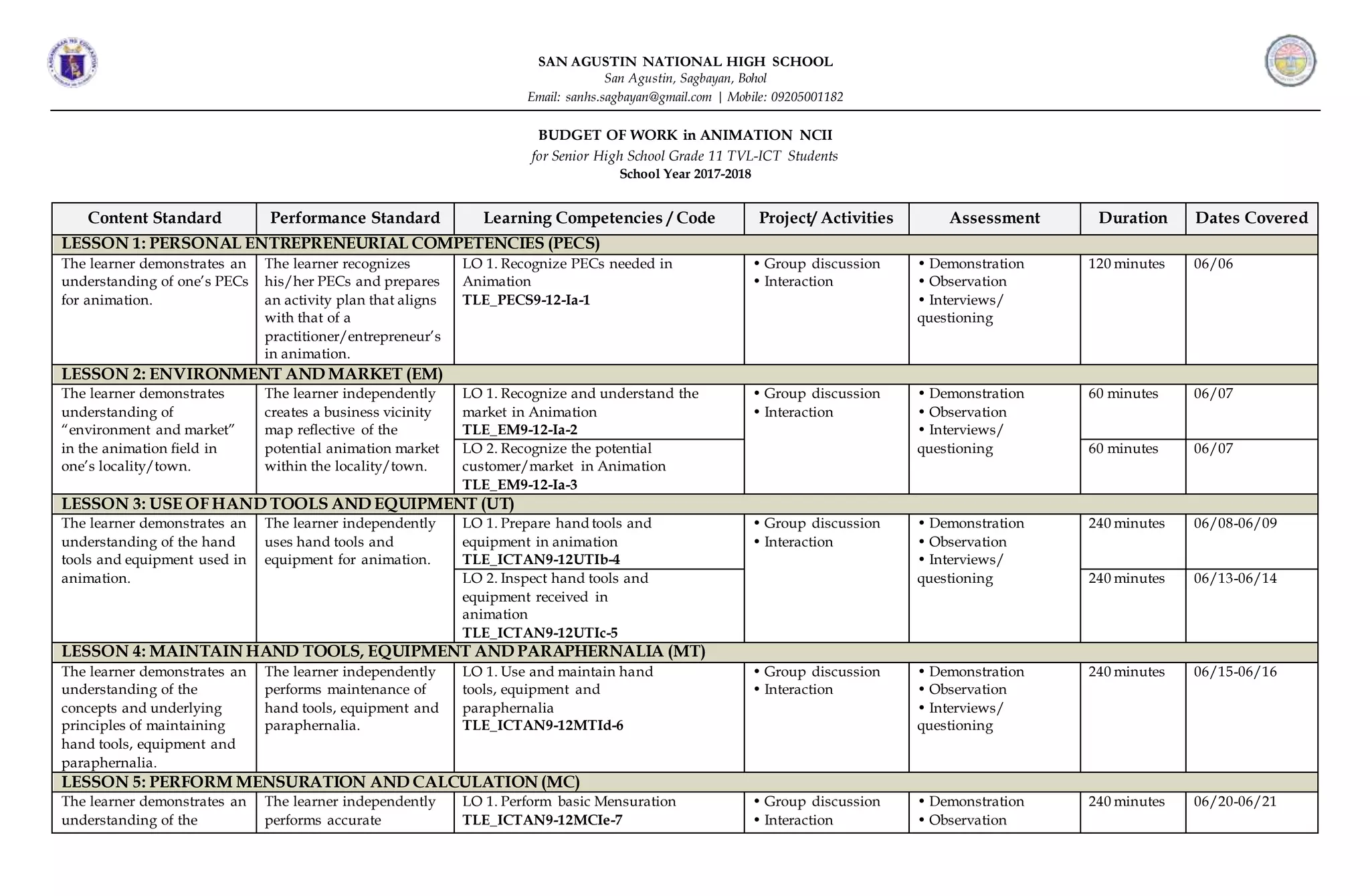 2D Animation NCIII Budget of Work | DOCX