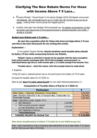 New Budget 2019 Rebate norms for those with Income above Rs.5 Lacs | PDF