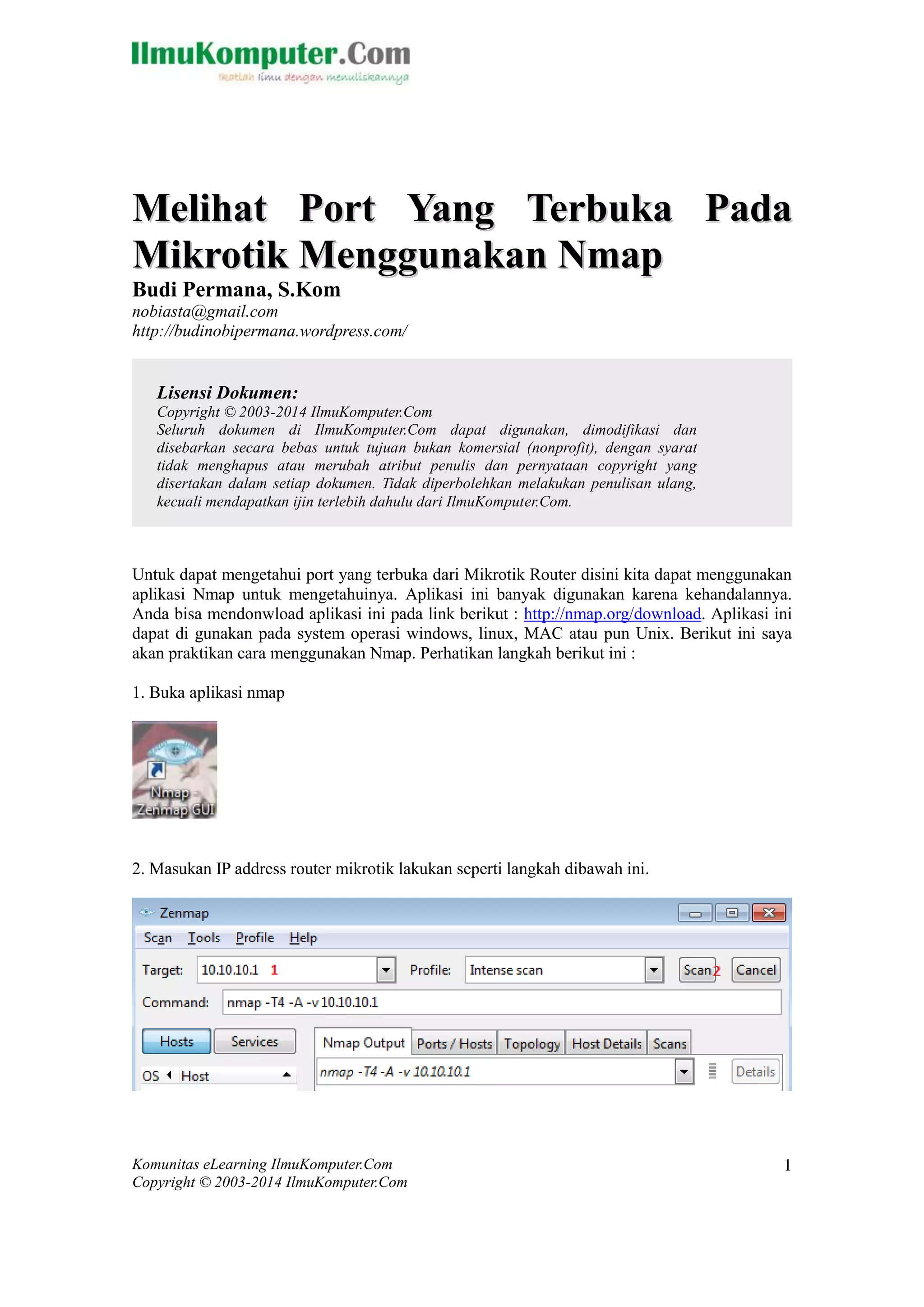 Budi melihat port yang terbuka pada mikrotik menggunakan nmap | PDF