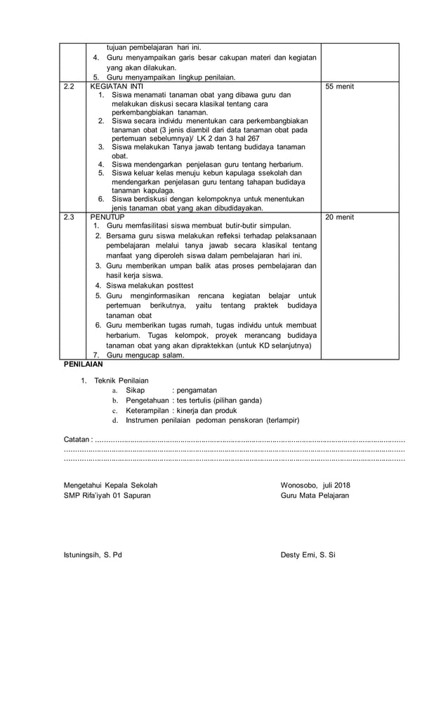 RPP prakarya budidaya kelas vii semester 2 | DOCX