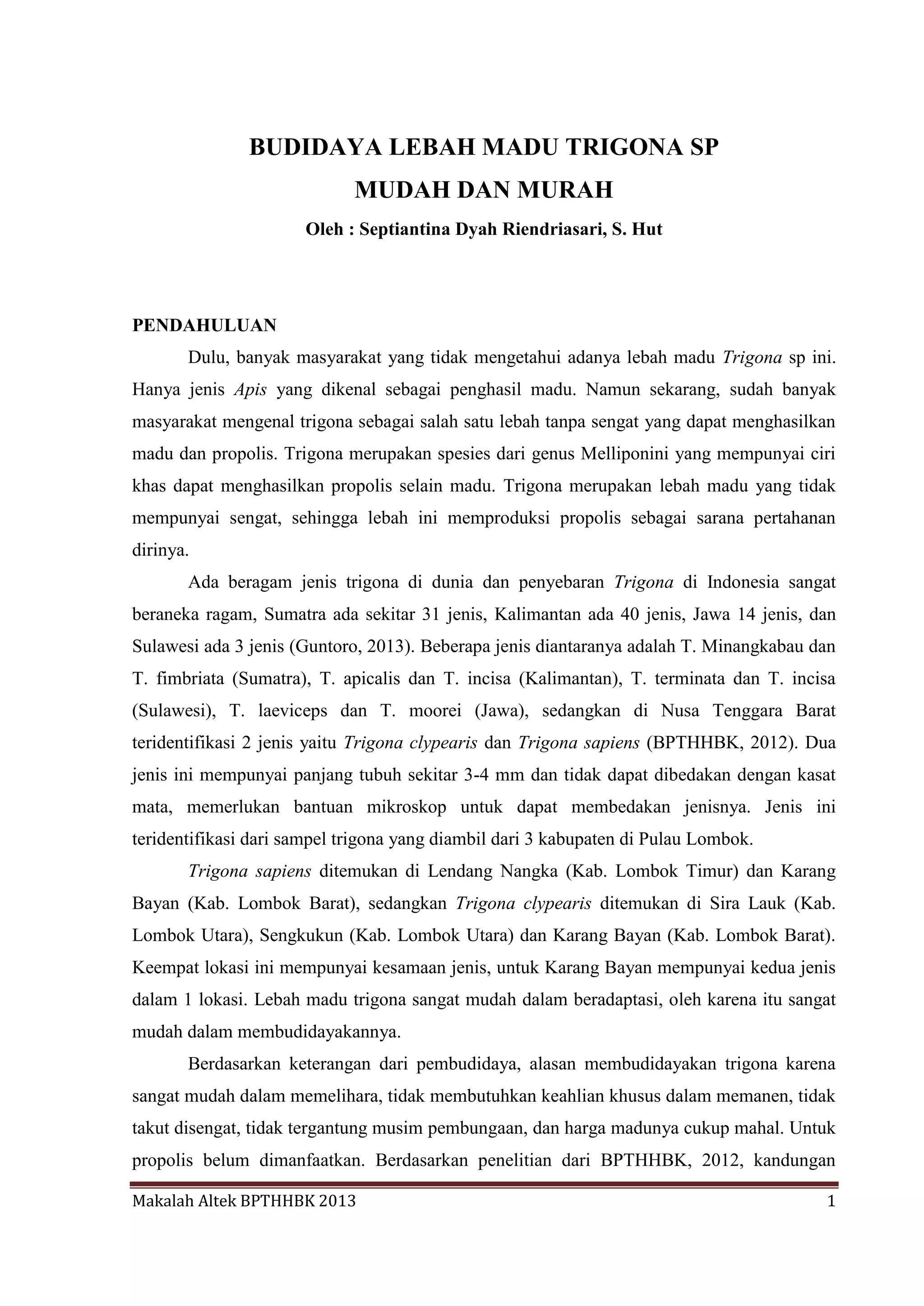 Budidaya lebah madu_trigona_sp | PDF