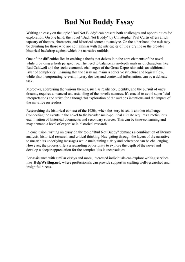 Bud Not Buddy Essay. Bud, Not Buddy-Summary and Highlights by Journeys ...