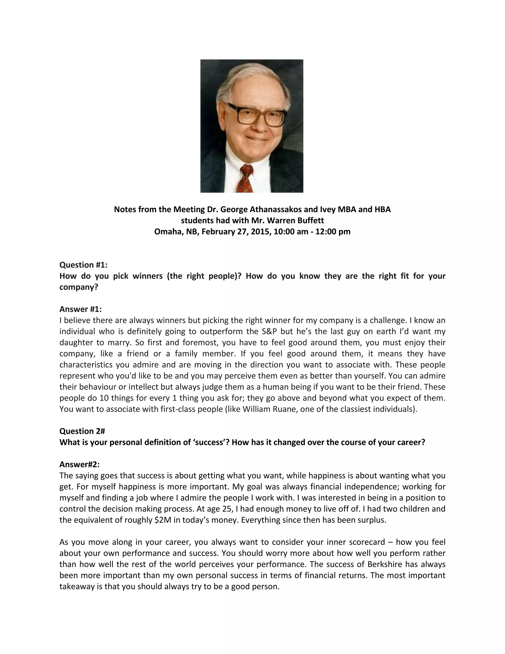 Warren Buffett: Notes From The Q&A Between Ivey MBA, HBA Students | PDF
