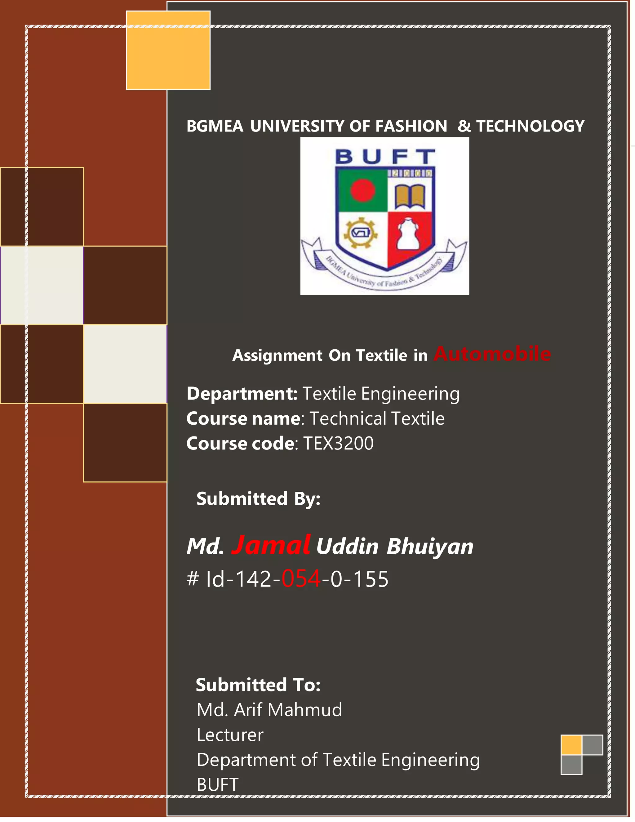 BGMEA UNIVERSITY OF FASHION & TECHNOLOGY(BUFT)Lab & assignment cover ...