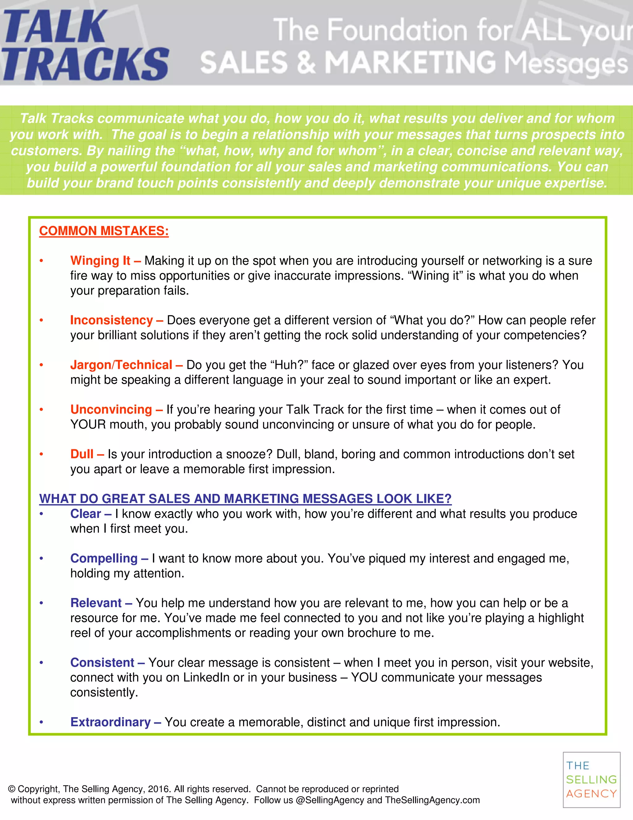 Build your Talk Tracks - Selling and Marketing Messages Workbook | PDF