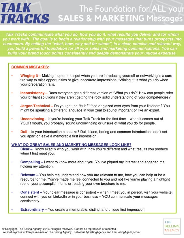 Build your Talk Tracks - Selling and Marketing Messages Workbook | PDF ...