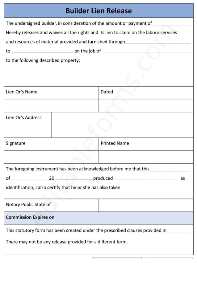 Builder Lien Release Fillable PDF Template | PDF