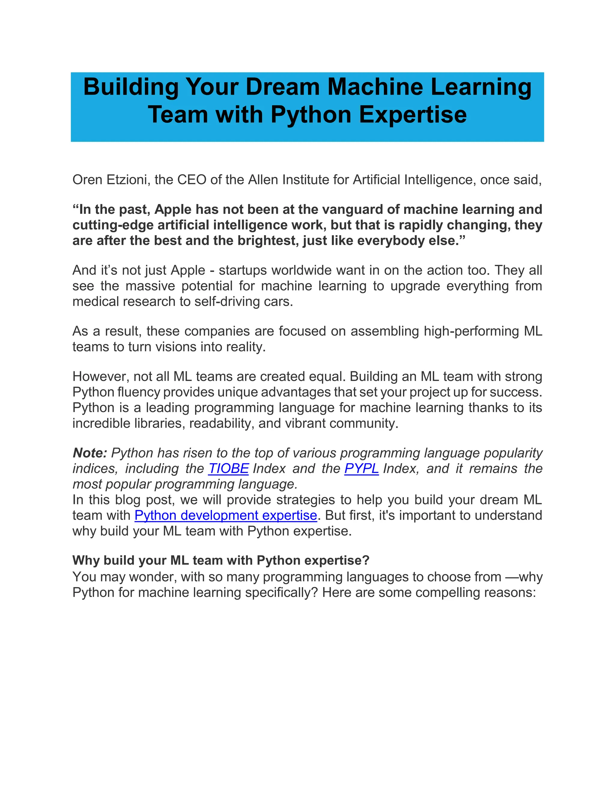 Building Your Dream Machine Learning Team with Python Expertise | PDF