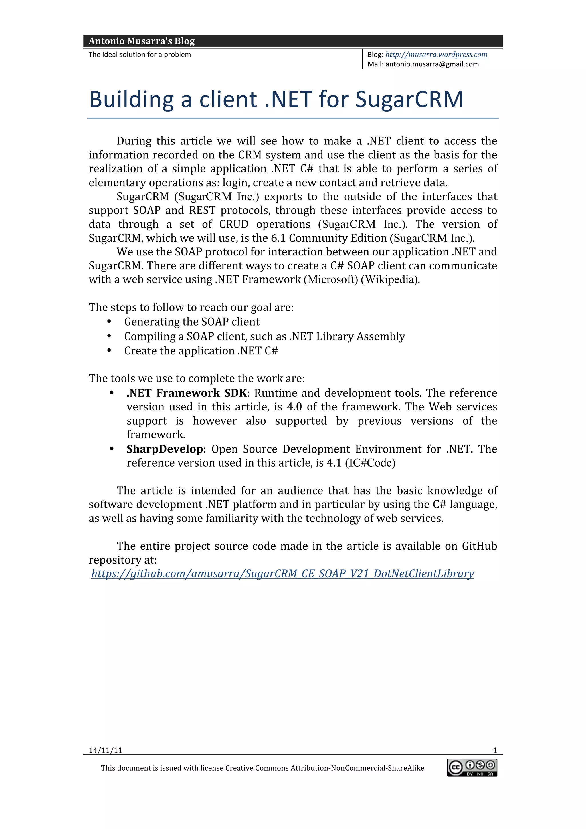 Building a Client .NET for SugarCRM | PDF