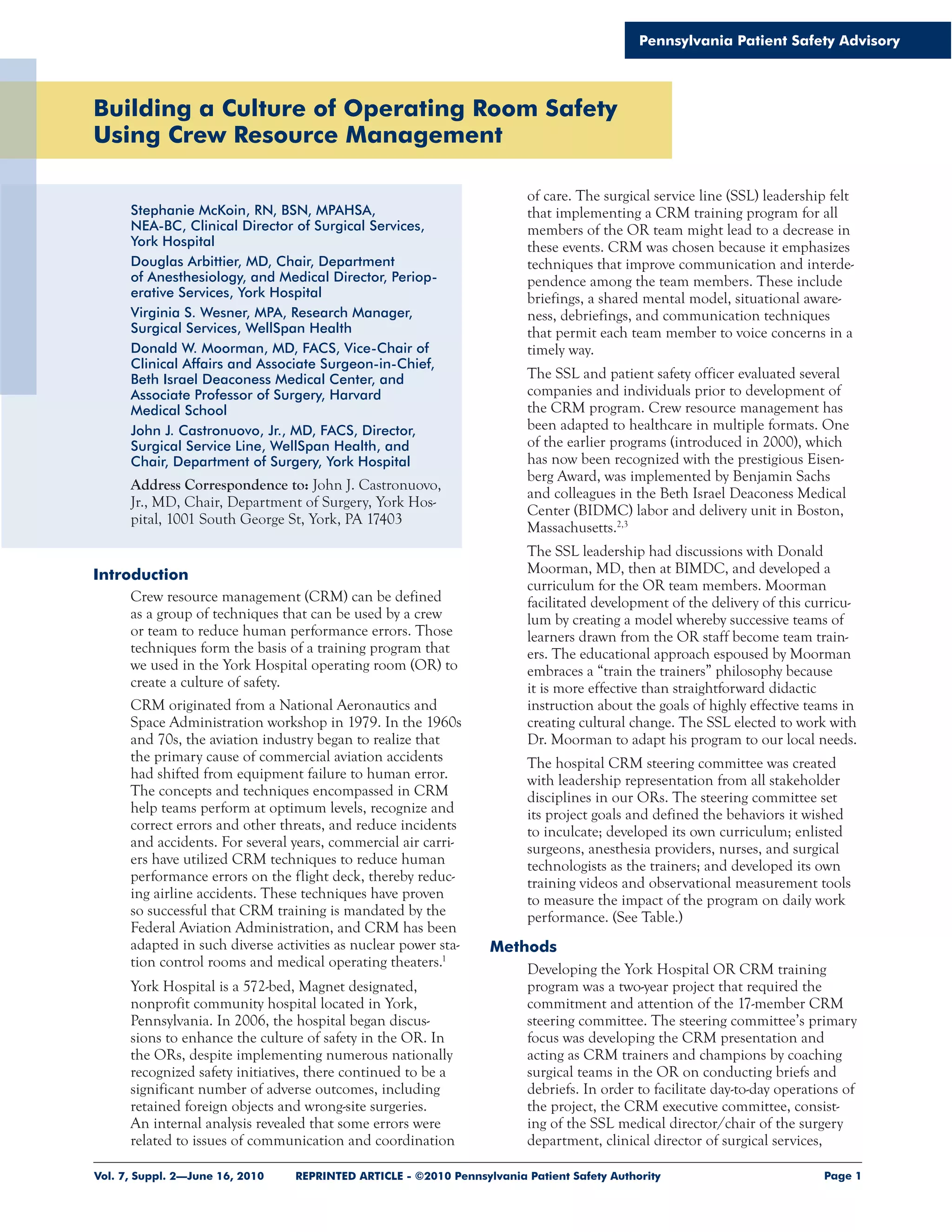 Building a culture of operating room safety using crew resource ...
