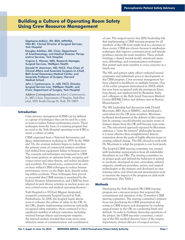 Building a culture of operating room safety using crew resource ...