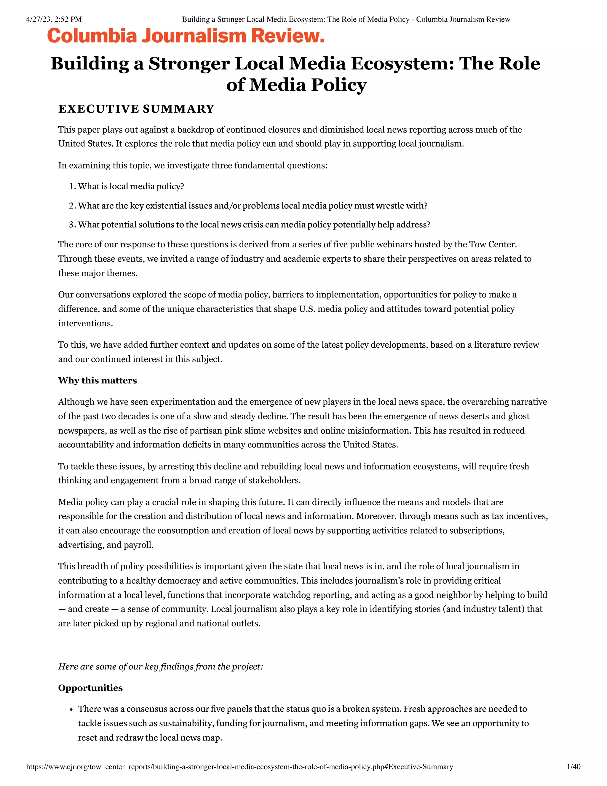 Building a Stronger Local Media Ecosystem: The Role of Media Policy | PDF