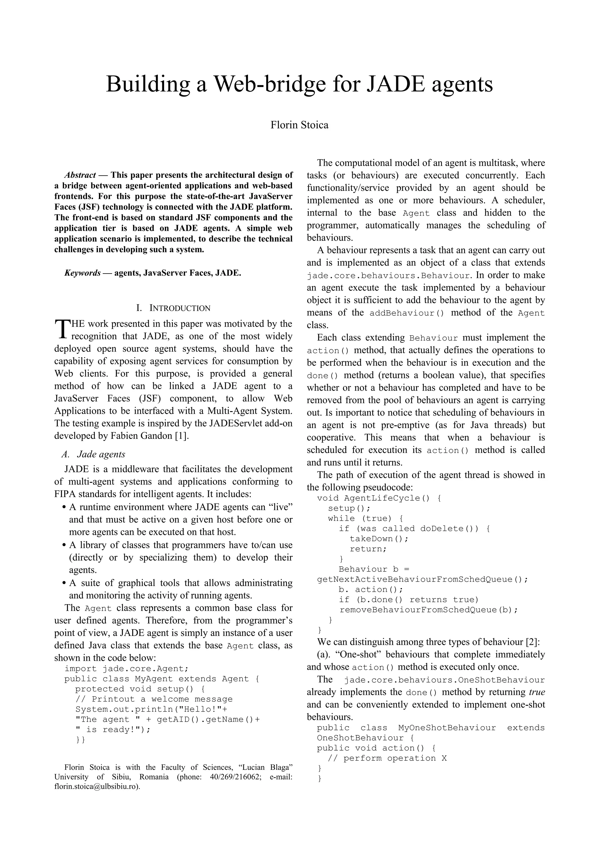 Building a Web-bridge for JADE agents | PDF