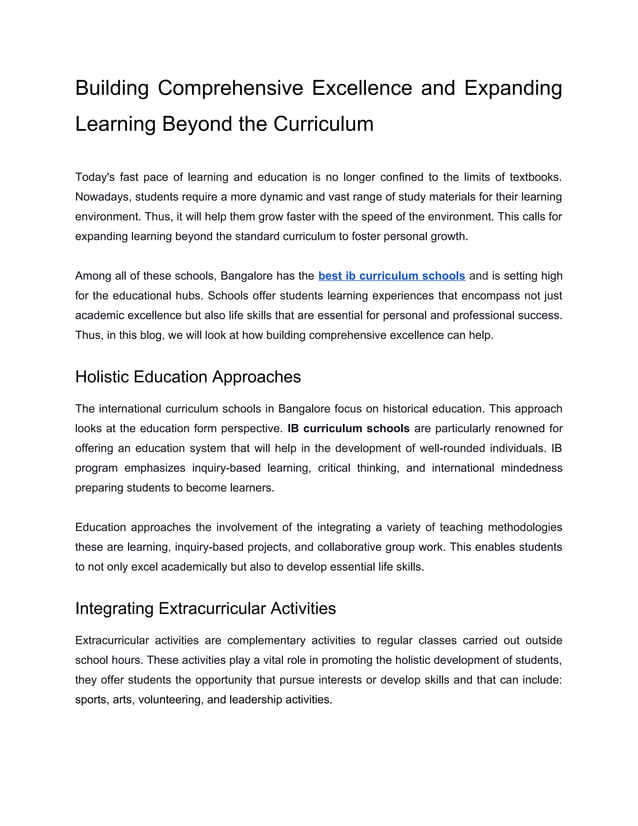 Building Comprehensive Excellence and Expanding Learning Beyond the ...