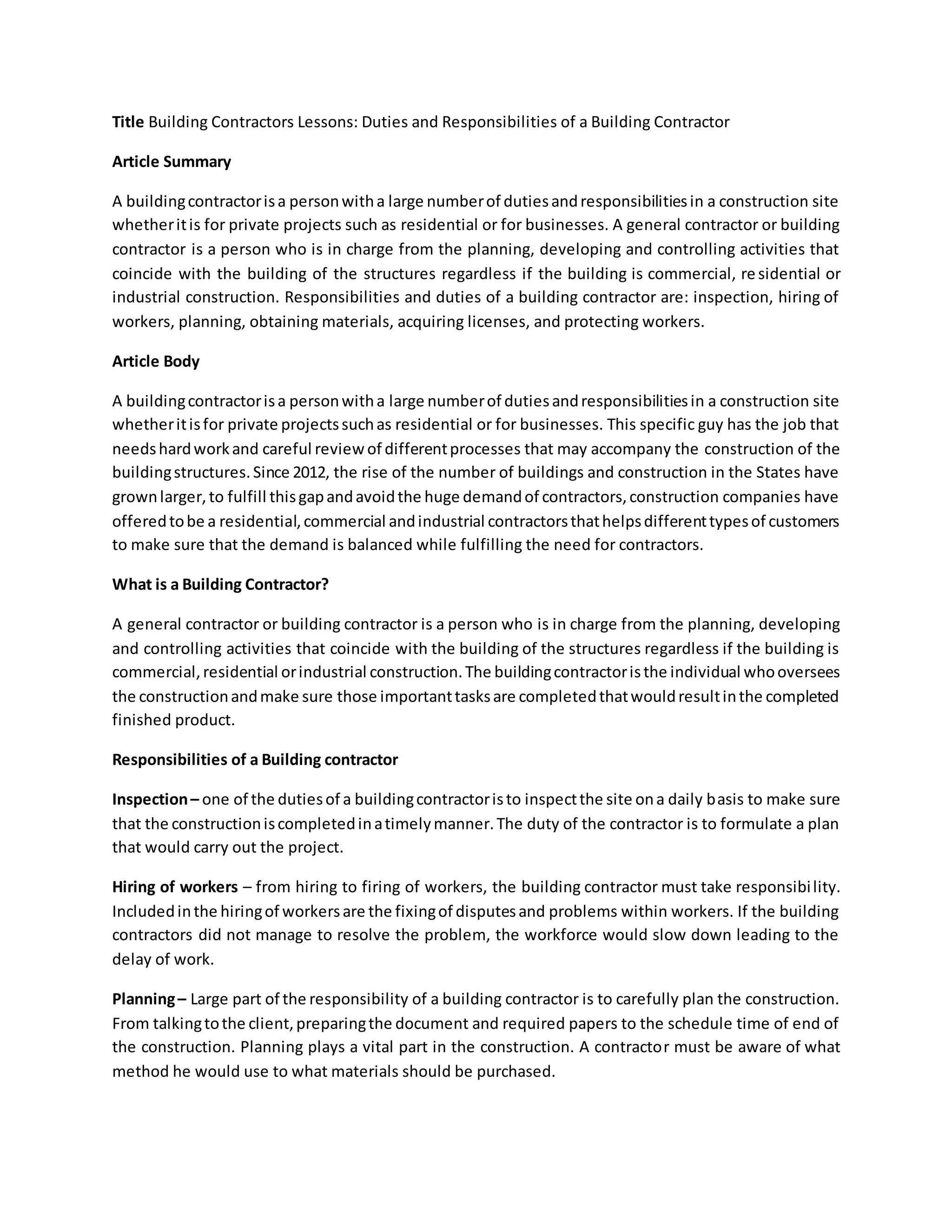 Building Contractors Lessons: Duties and Responsibilities of a Building ...