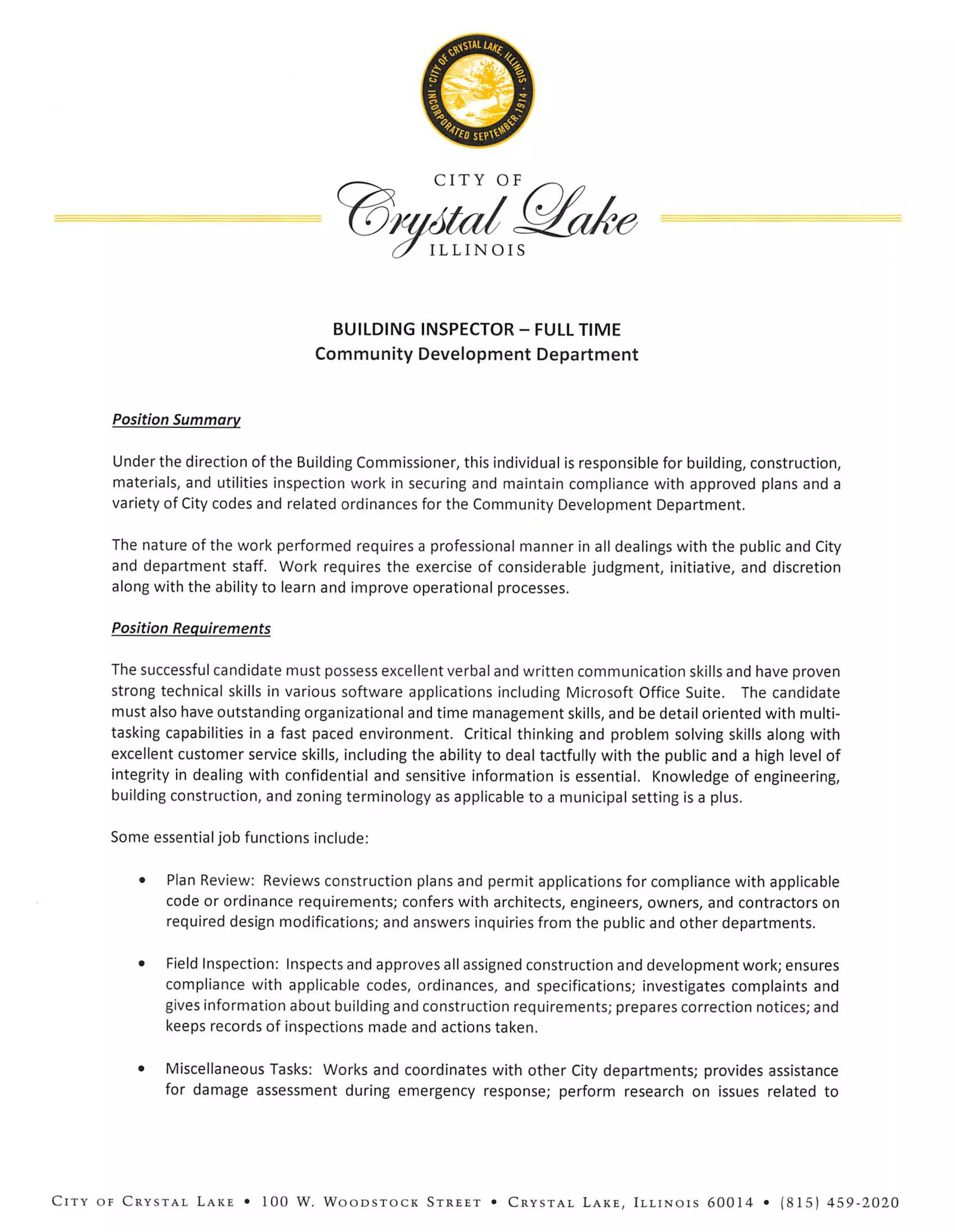 Crystal Lake Building Inspector | PDF