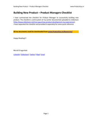 Building New Product - Product Managers Checklist | PDF | Business ...