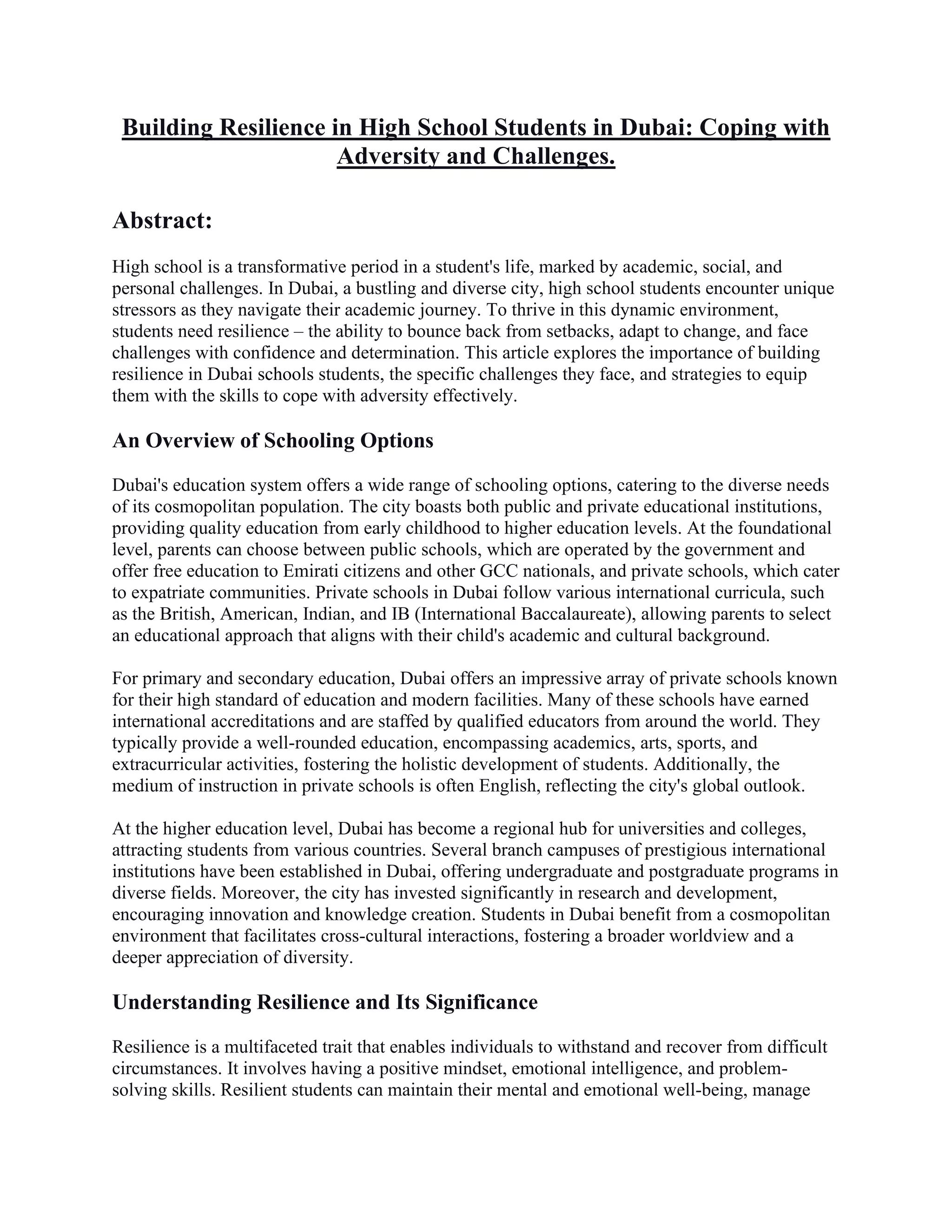 Building Resilience in High School Students in Dubai: Coping with ...