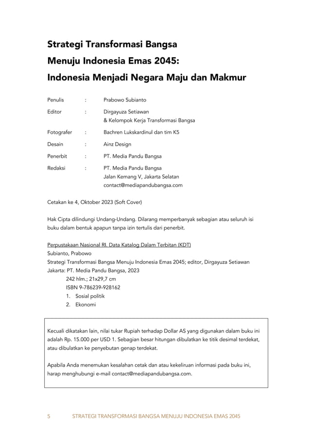 Strategi Transformasi Bangsa: Menuju Indonesia Emas 2045 | PDF