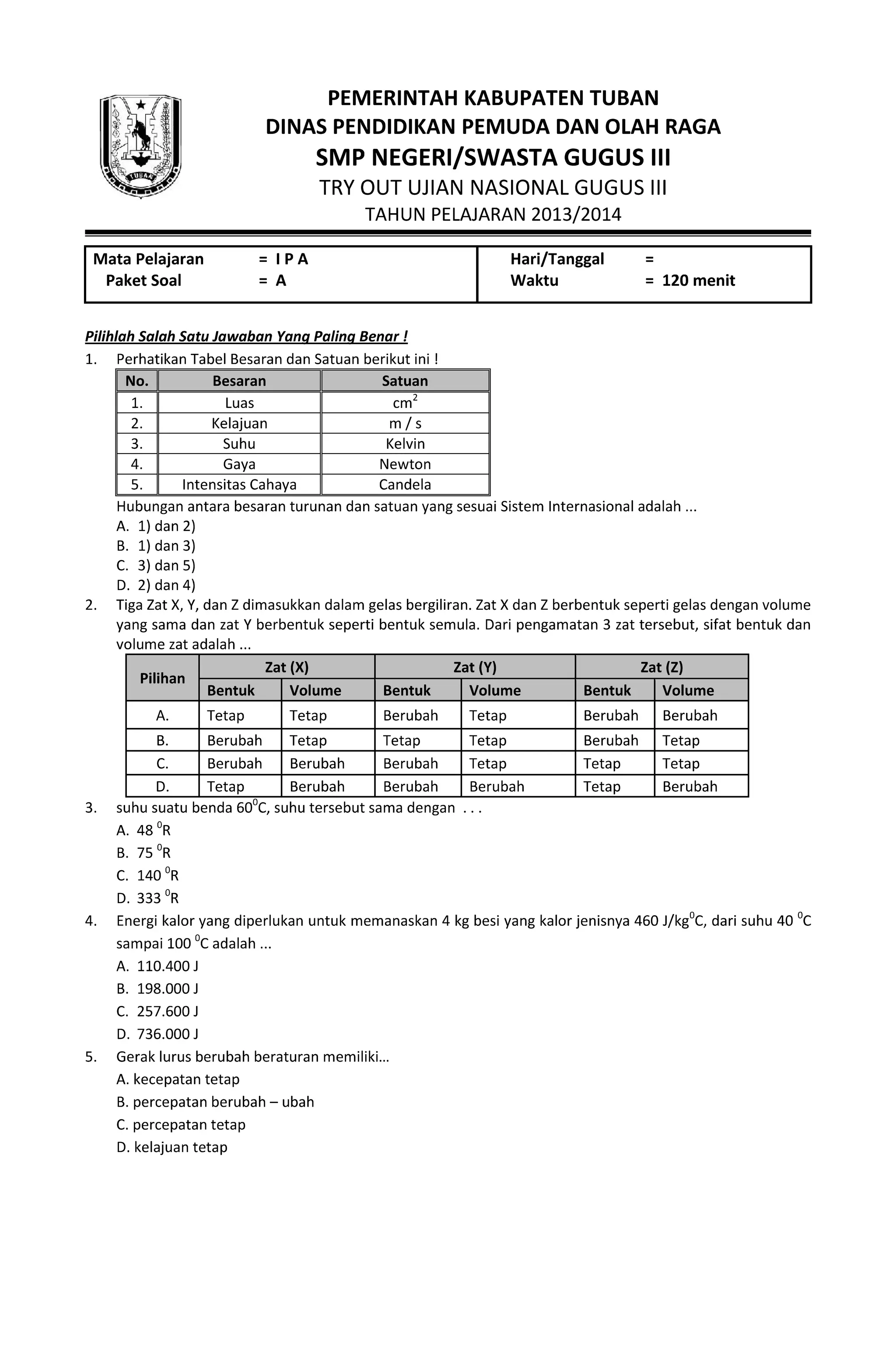 Buku Bank Soal Try Out UN IPA SMP Gugus3 Tuban Tahun2014 | PDF