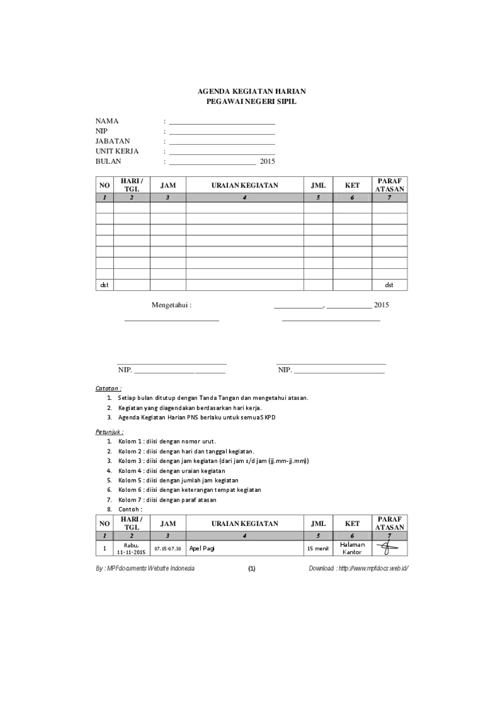 Buku laporan harian pegawai | DOCX