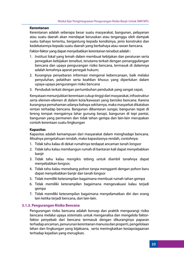 Buku panduan guru pendidikan prb banjir smp, puskur, undp | PDF