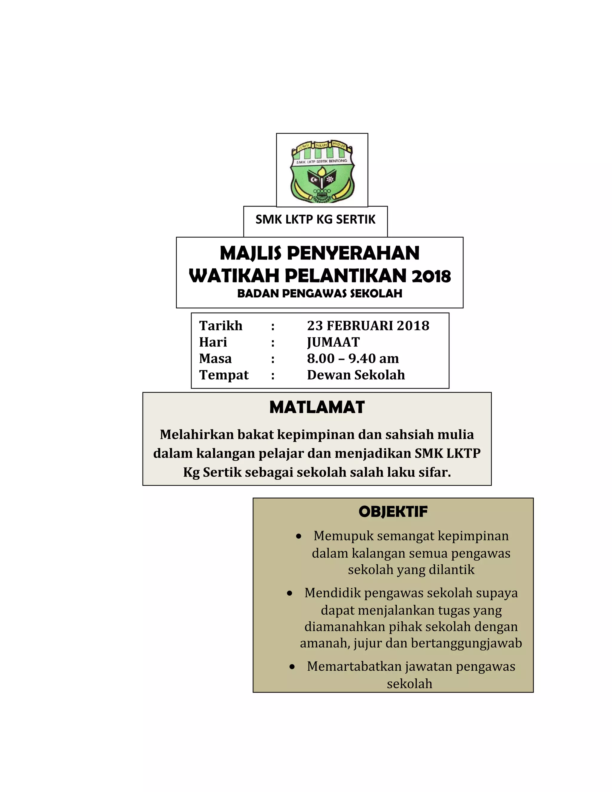Buku program majlis penyerahan watikah pelantikan pengawas sekolah | DOC