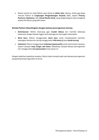 Pemrograman Dasar Python Dari Dasar Sampai bisa | PDF
