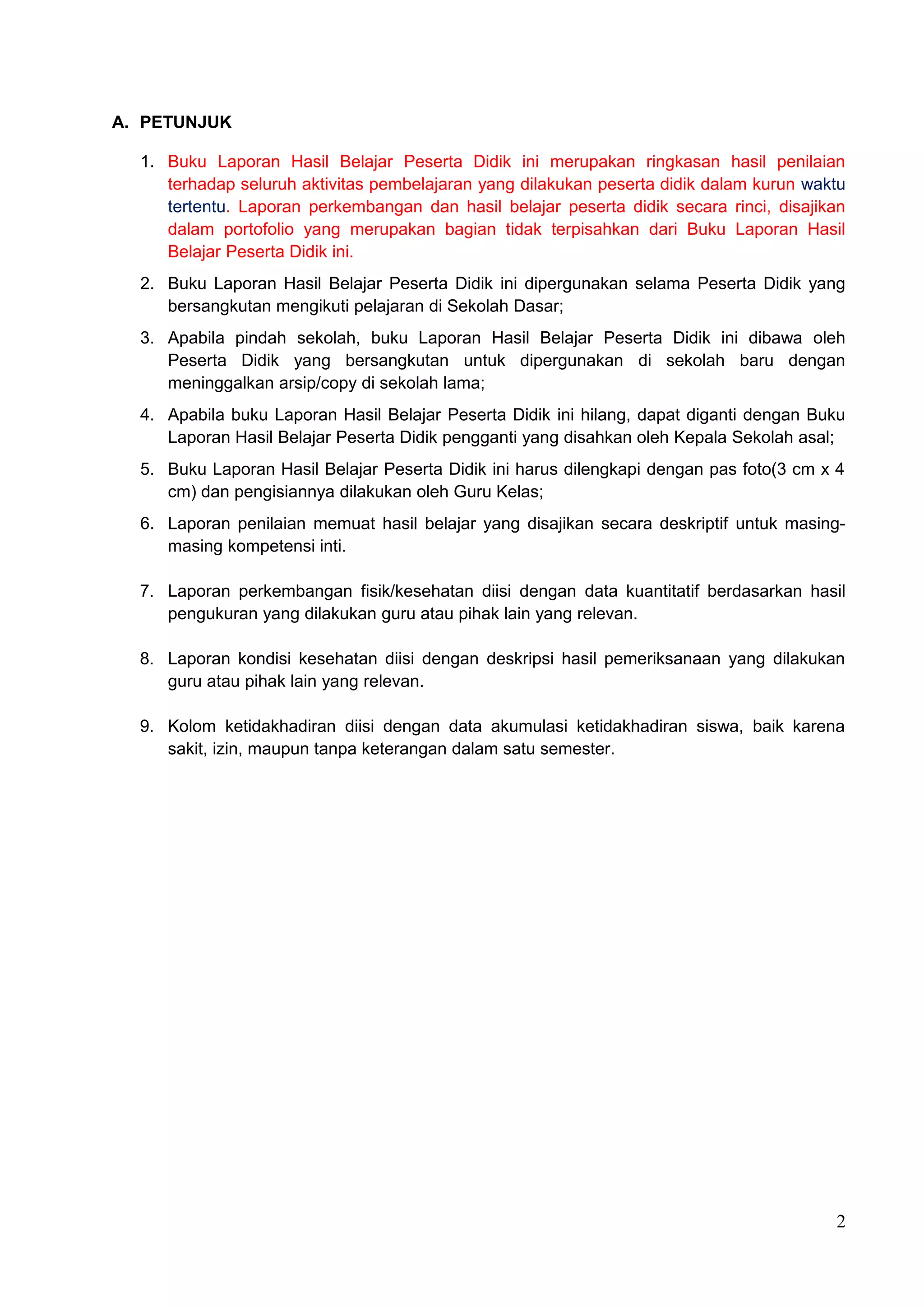 Format Buku Raport SD Kurikulum 2013 beserta contoh isinya | DOC