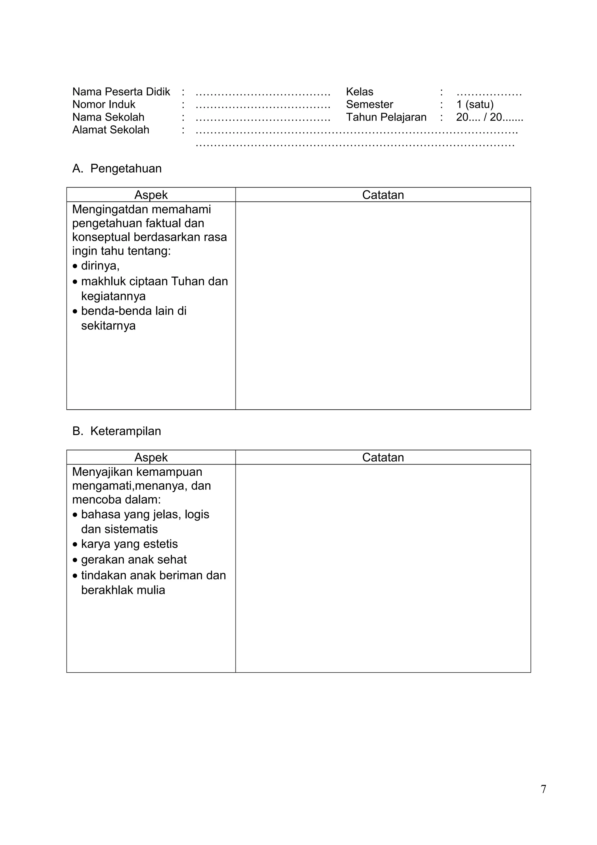 Format Buku Raport SD Kurikulum 2013 beserta contoh isinya | DOC