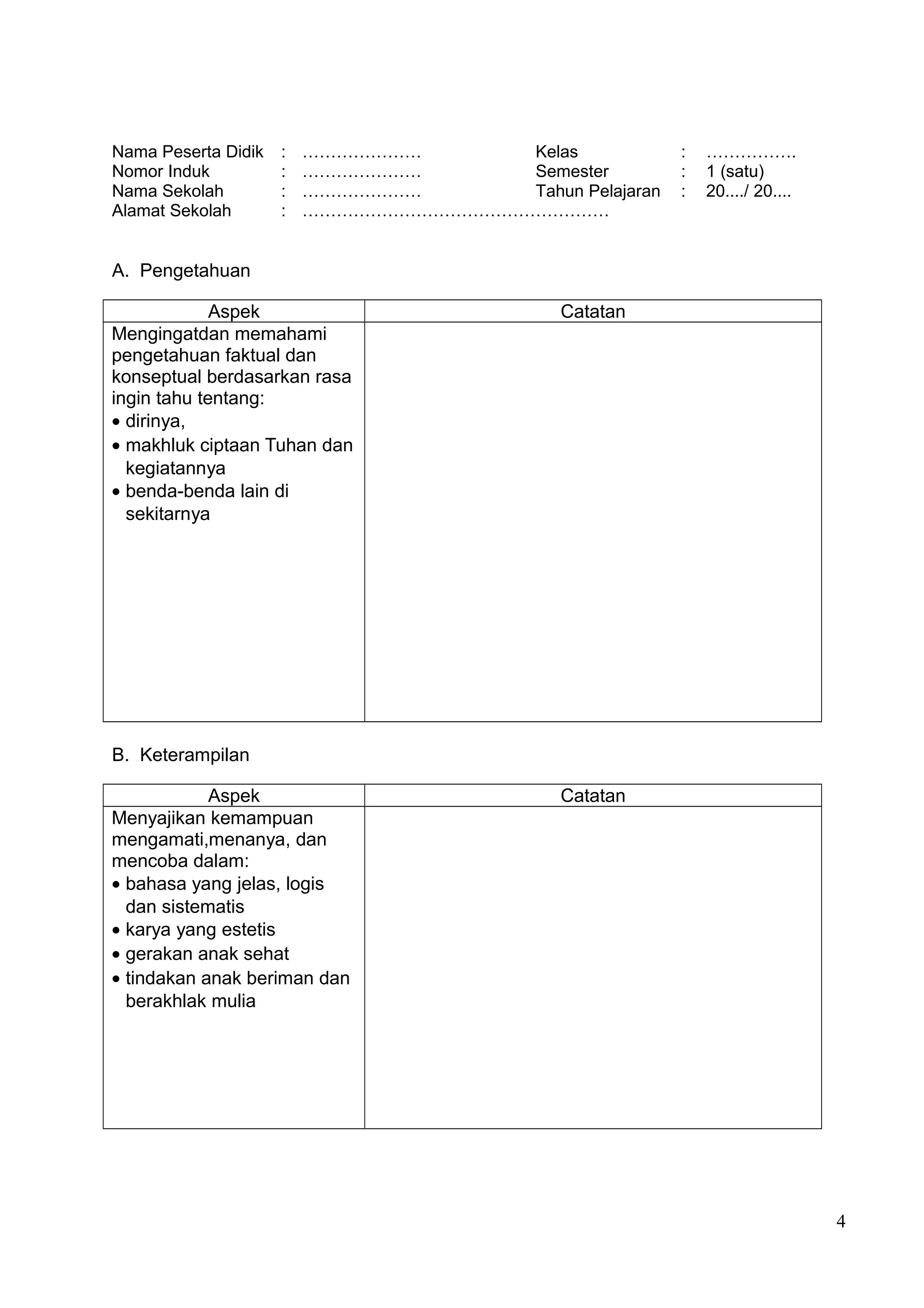 FORMAT RAPOR SD MENURUT KURIKULUM 2013 | DOC