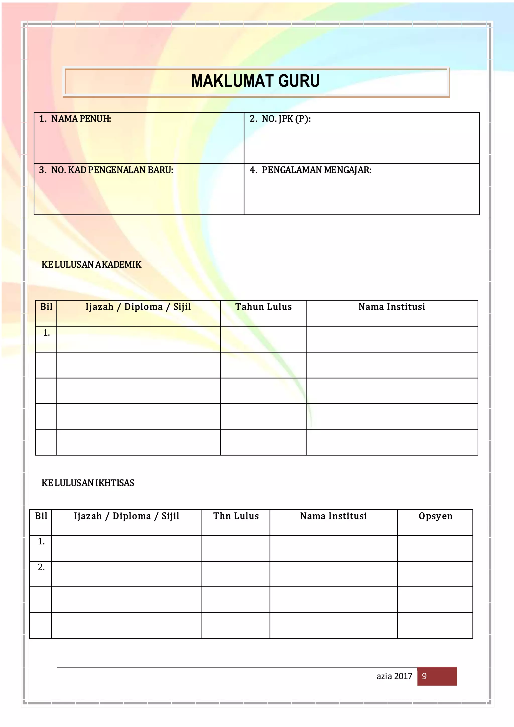 Buku rekod mengajar 2017 | DOCX