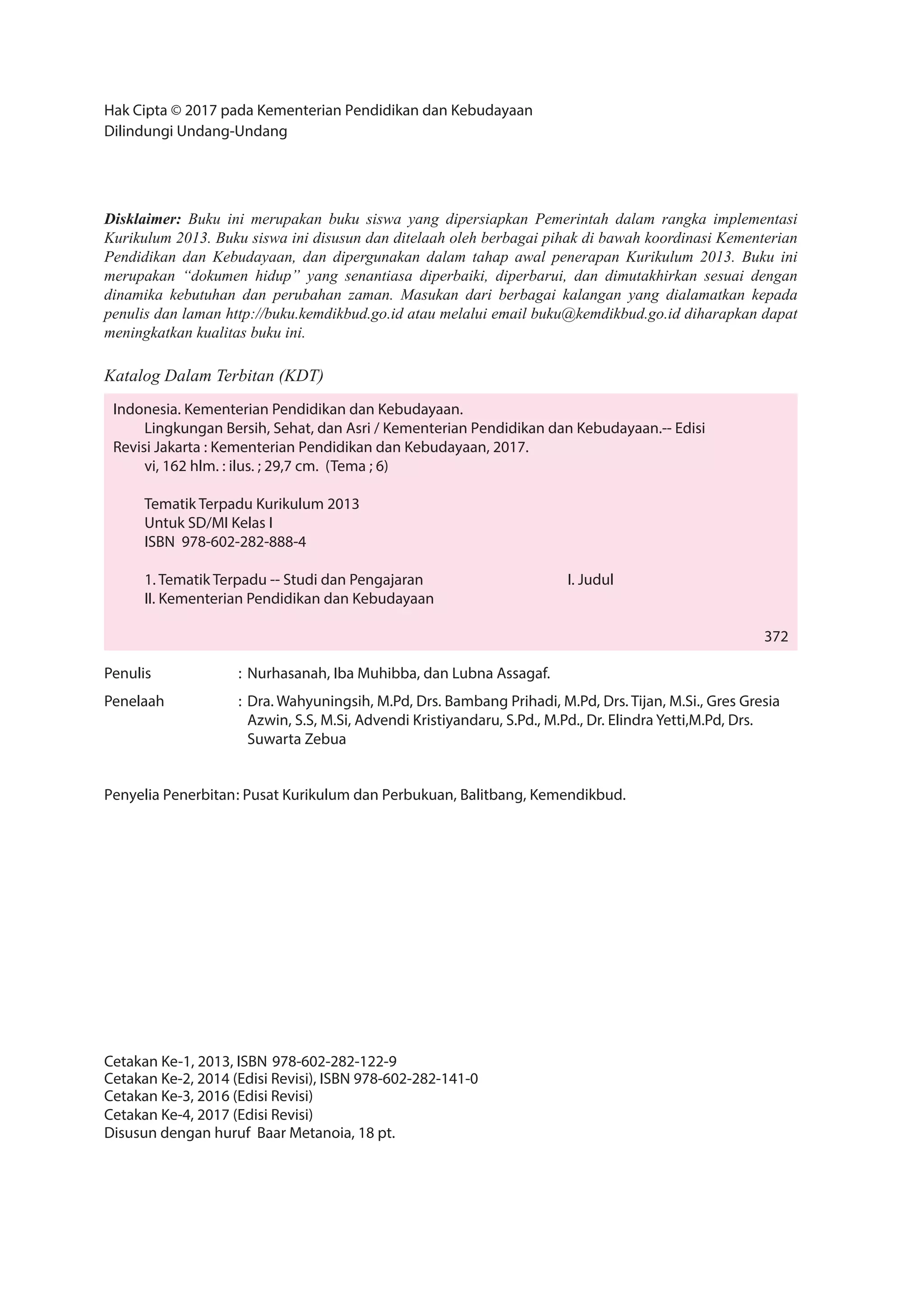 Buku Tematik Siswa Kelas 1 TEMA 6 [Lingkungan Bersih, Sehat, dan Asri].pdf