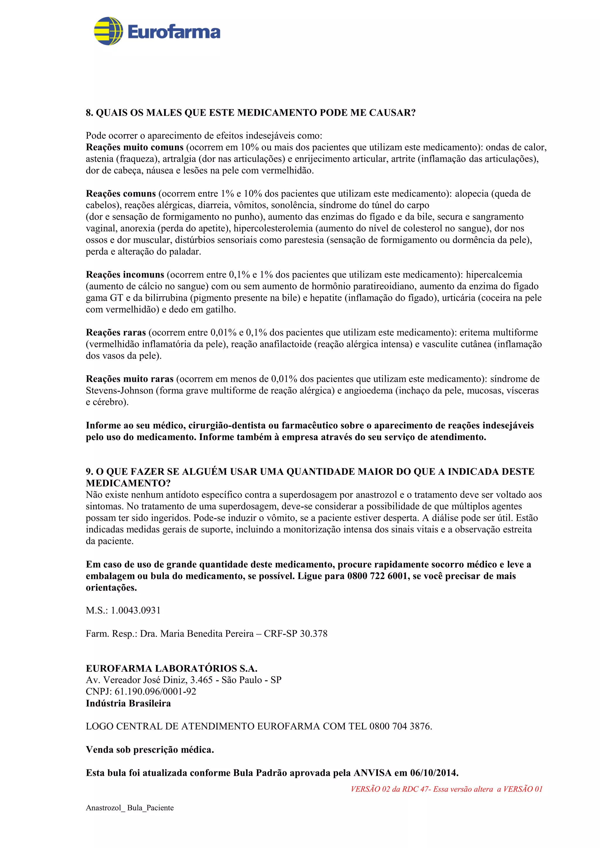 Bula anastrozol paciente | PDF
