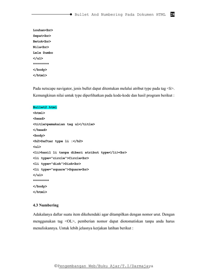 Bulet dan Numbering HTML pada Pemrograman Website | PDF