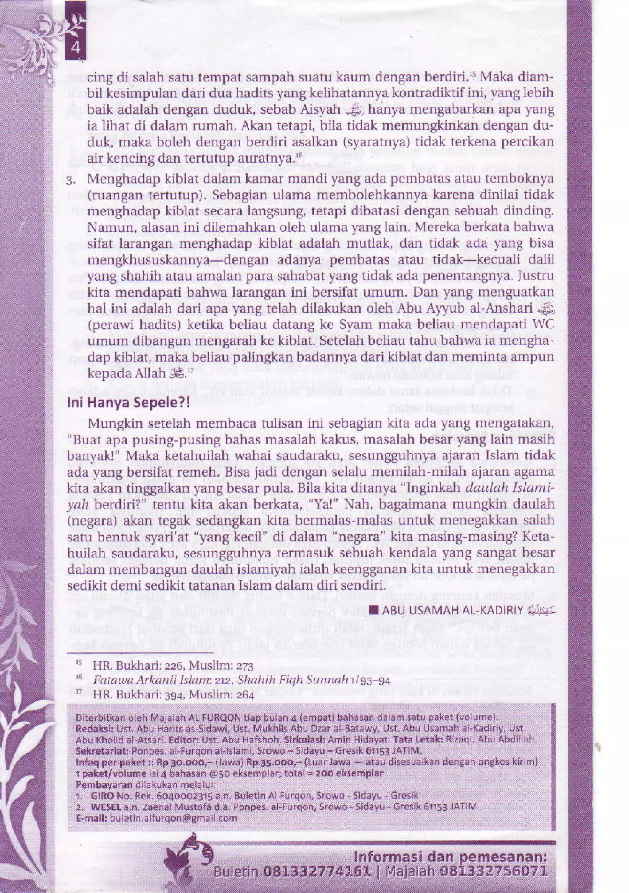 Buletin jumat al furqon tahun 04 volume 12 nomor 04 beradab ketika di kamar mandi | PDF