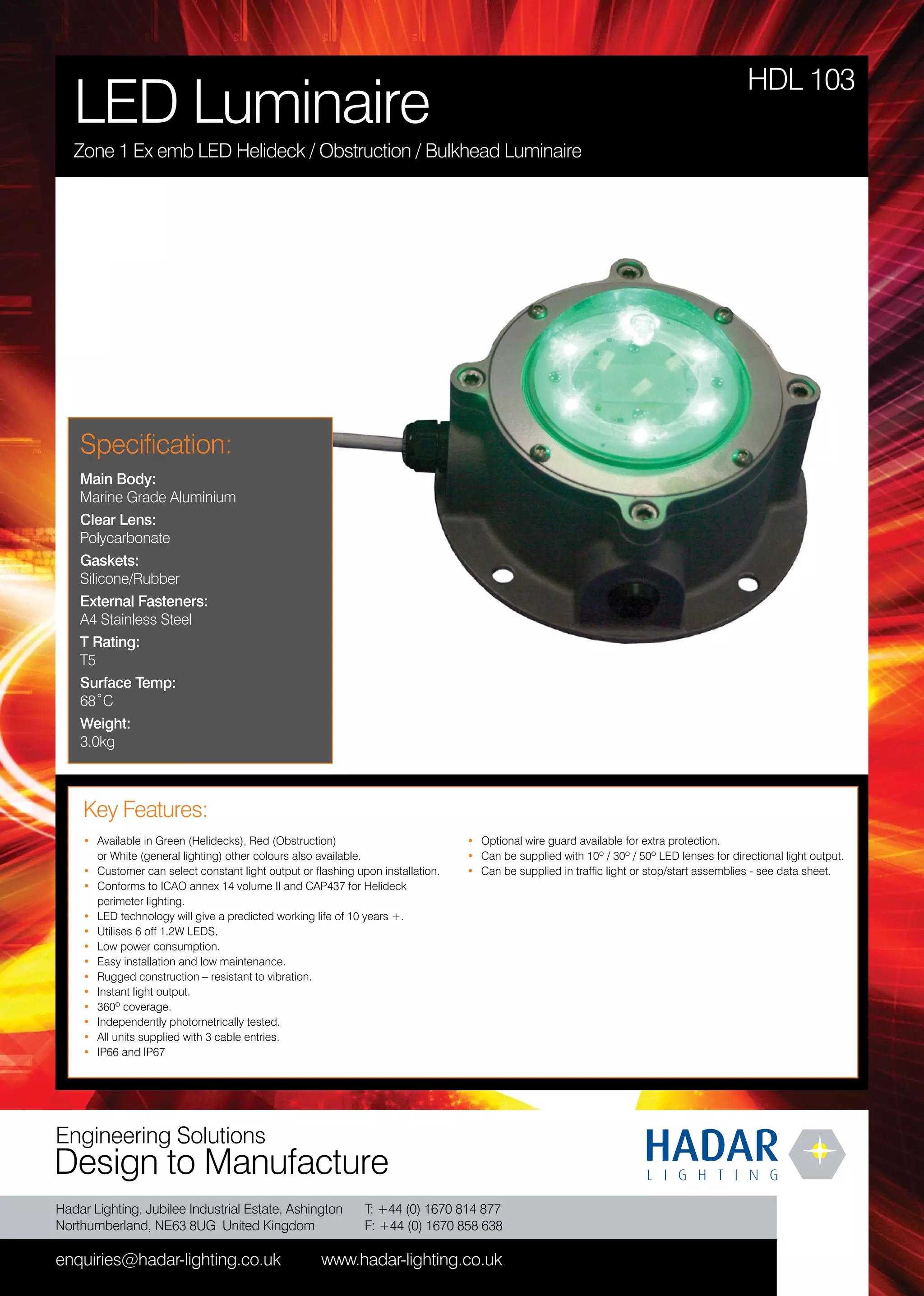 Bulkhead Lighting Zone 1 (ATEX) - Hadar HDL103 (6 x 1.2 Watt LED) | PDF